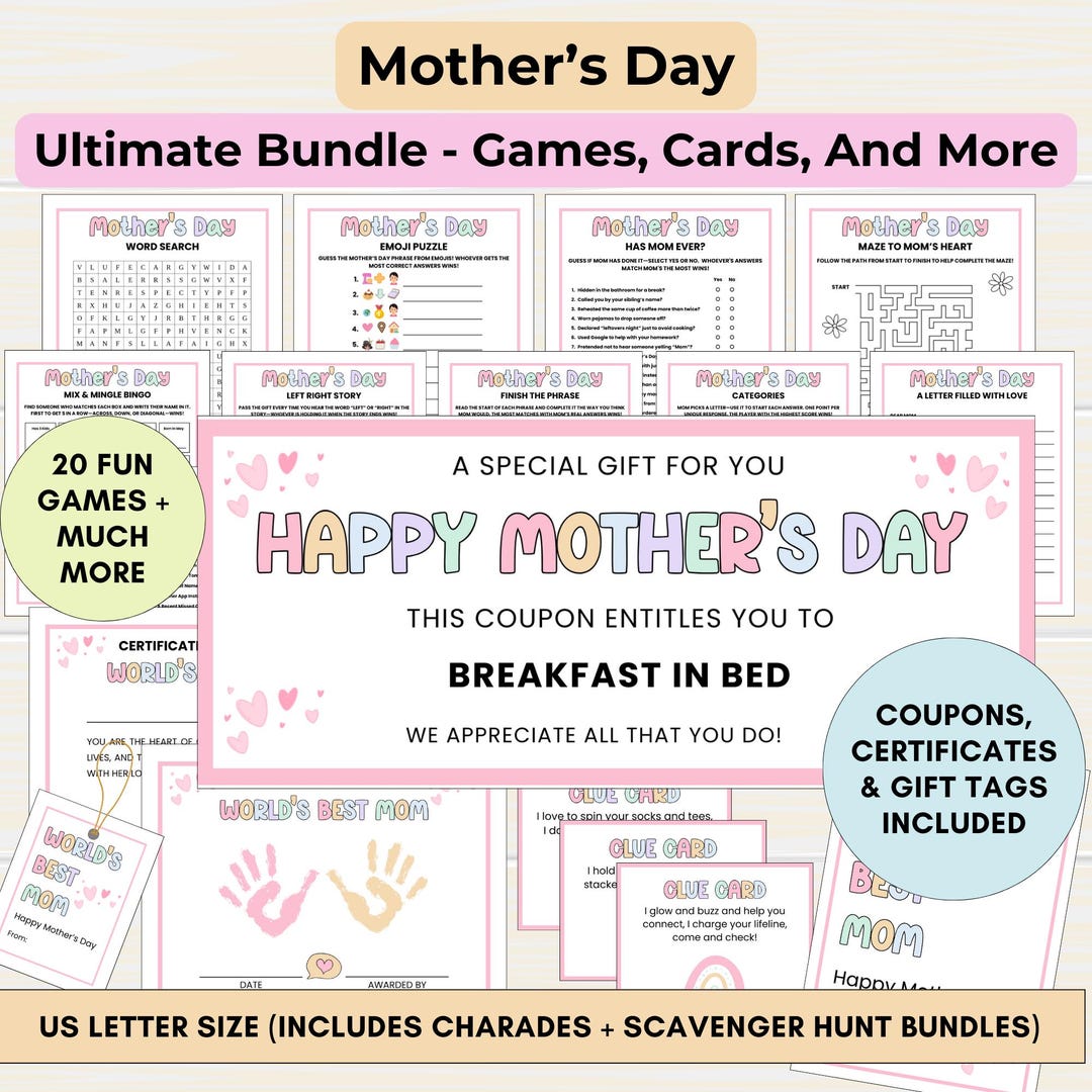 Mother's Day Printable Bundle: Games, Cards, Coupons (US Letter) - Etsy