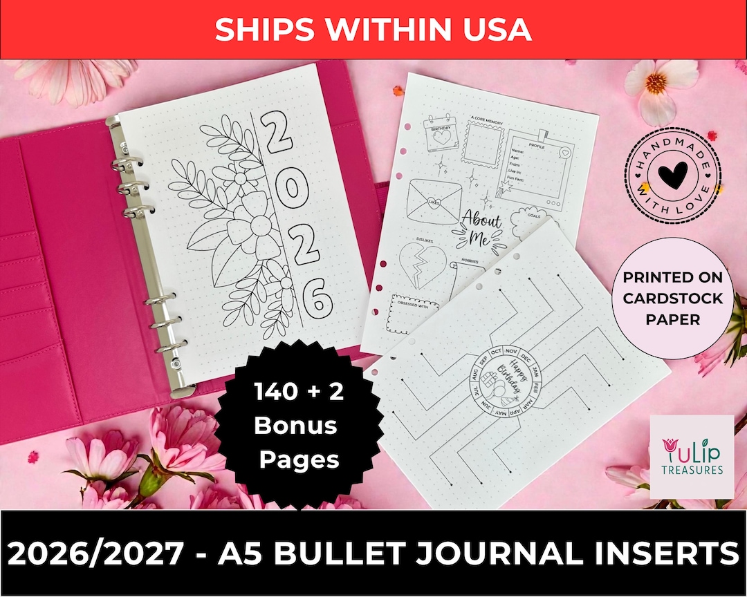 2026/2027 A5 Full Year Bullet Journal Inserts | 140 Pre-punched Pages ...