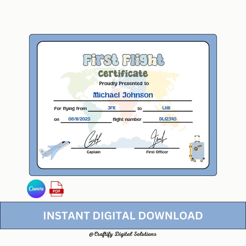 Custom First Flight Certificate for Boys | Editable PDF Template ...