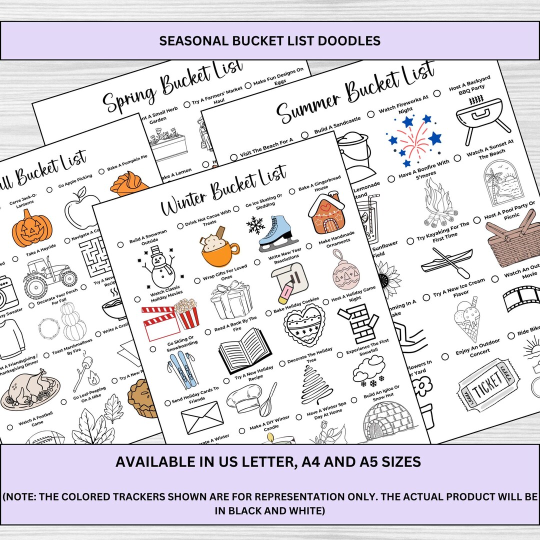 Seasonal Bucket List Doodles: Colorable Spring, Summer, Fall, Winter ...