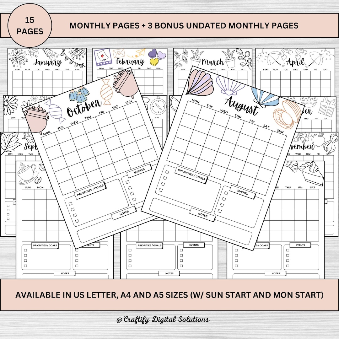 Doodle Monthly Calendar Printable: Undated Planner Pages (US Letter, A4 ...