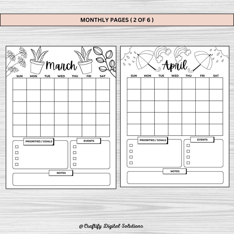 Doodle Monthly Calendar Printable: Undated Planner Pages (US Letter, A4 ...