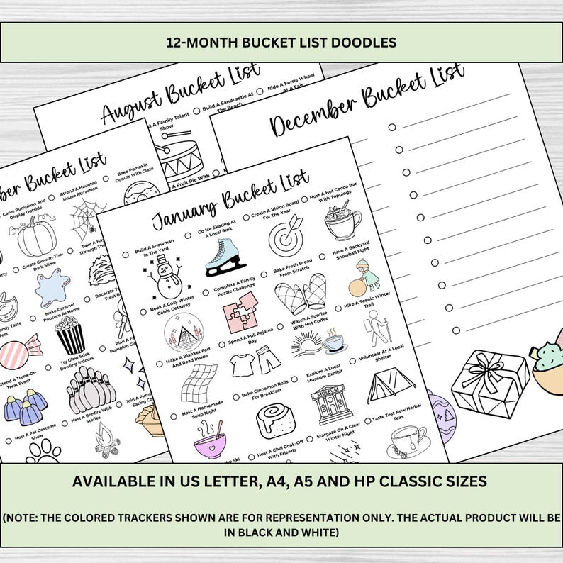 12-month Bucket List Doodles: Coloring Journal Pages (digital Download ...