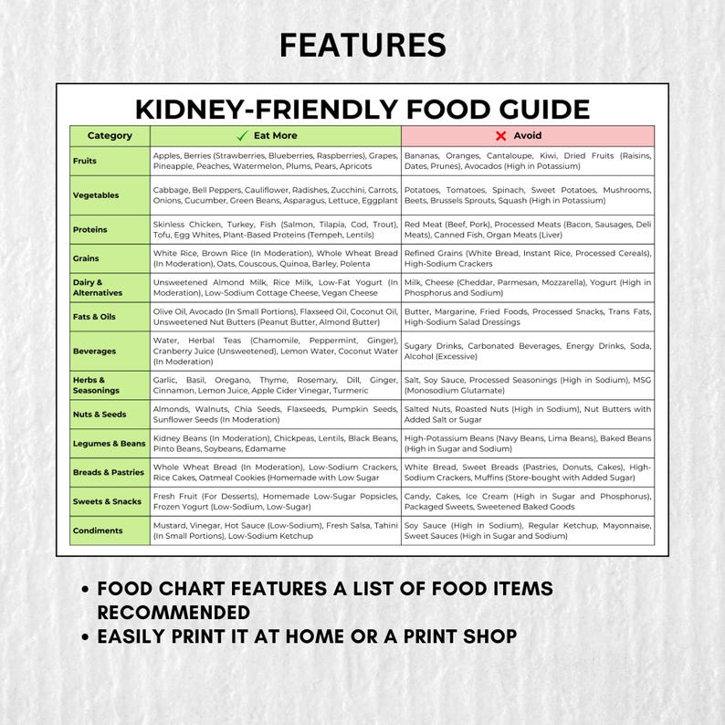 Kidney-friendly Food Guide: Renal Diet Chart (PDF Download) - Etsy