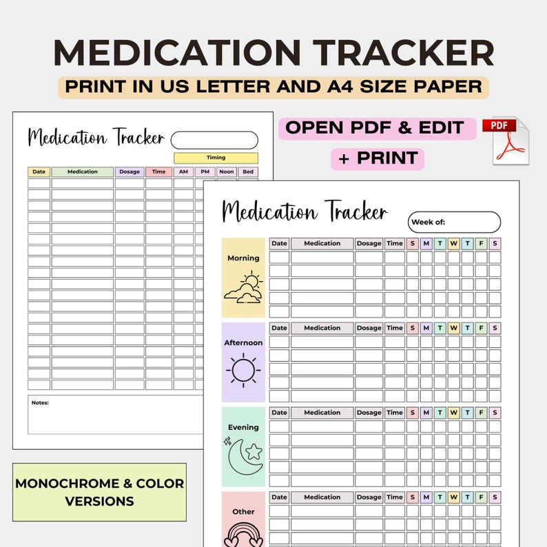 Medication Tracker: Weekly Pill Organizer, Fillable PDF, Printable ...