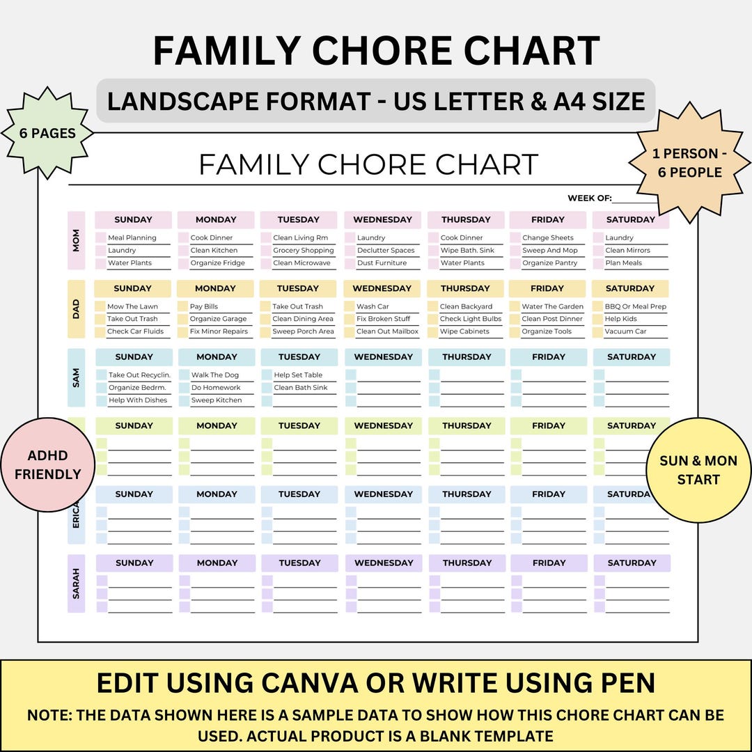 Editable Family Chore Chart: A4 & US Letter (digital Download) - Etsy