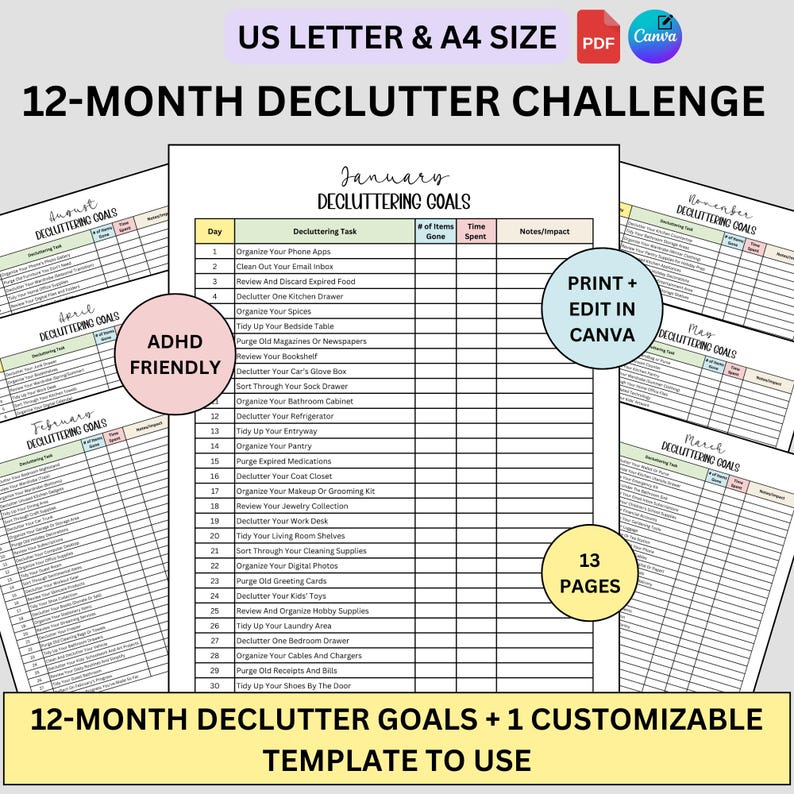 12-month Declutter Challenge + Customizable Template | Editable in ...