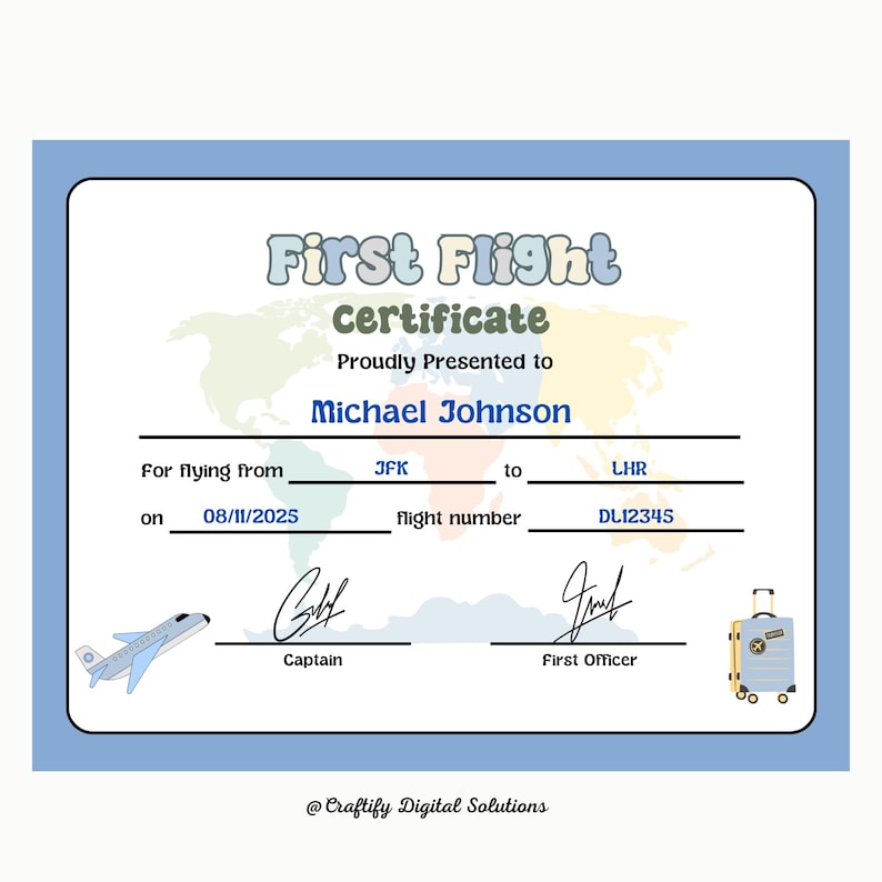 Custom First Flight Certificate for Boys | Editable PDF Template ...