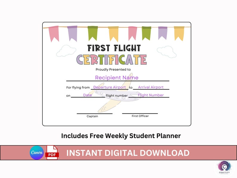 First Flight Certificate Keepsake: Editable Airplane Theme (PDF & Canva ...