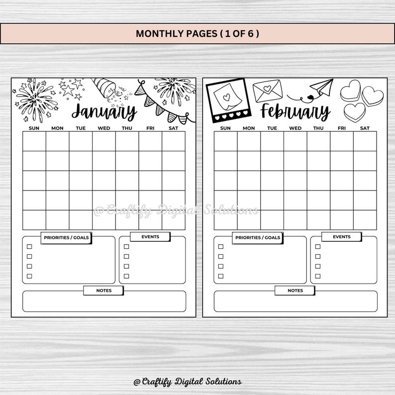 Doodle Monthly Calendar Printable: Undated Planner Pages (US Letter, A4 ...