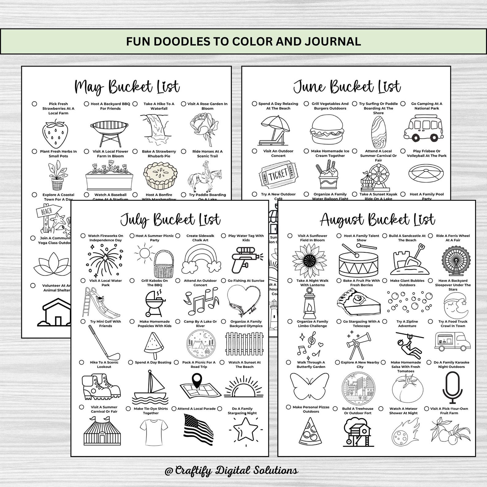 12-month Bucket List Doodles: Coloring Journal Pages (digital Download ...