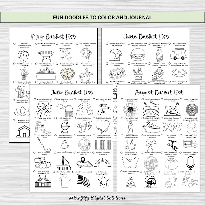12-month Bucket List Doodles: Coloring Journal Pages (digital Download ...