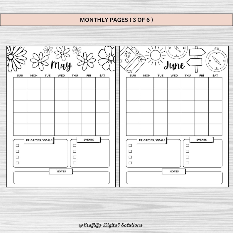 Doodle Monthly Calendar Printable: Undated Planner Pages (US Letter, A4 ...