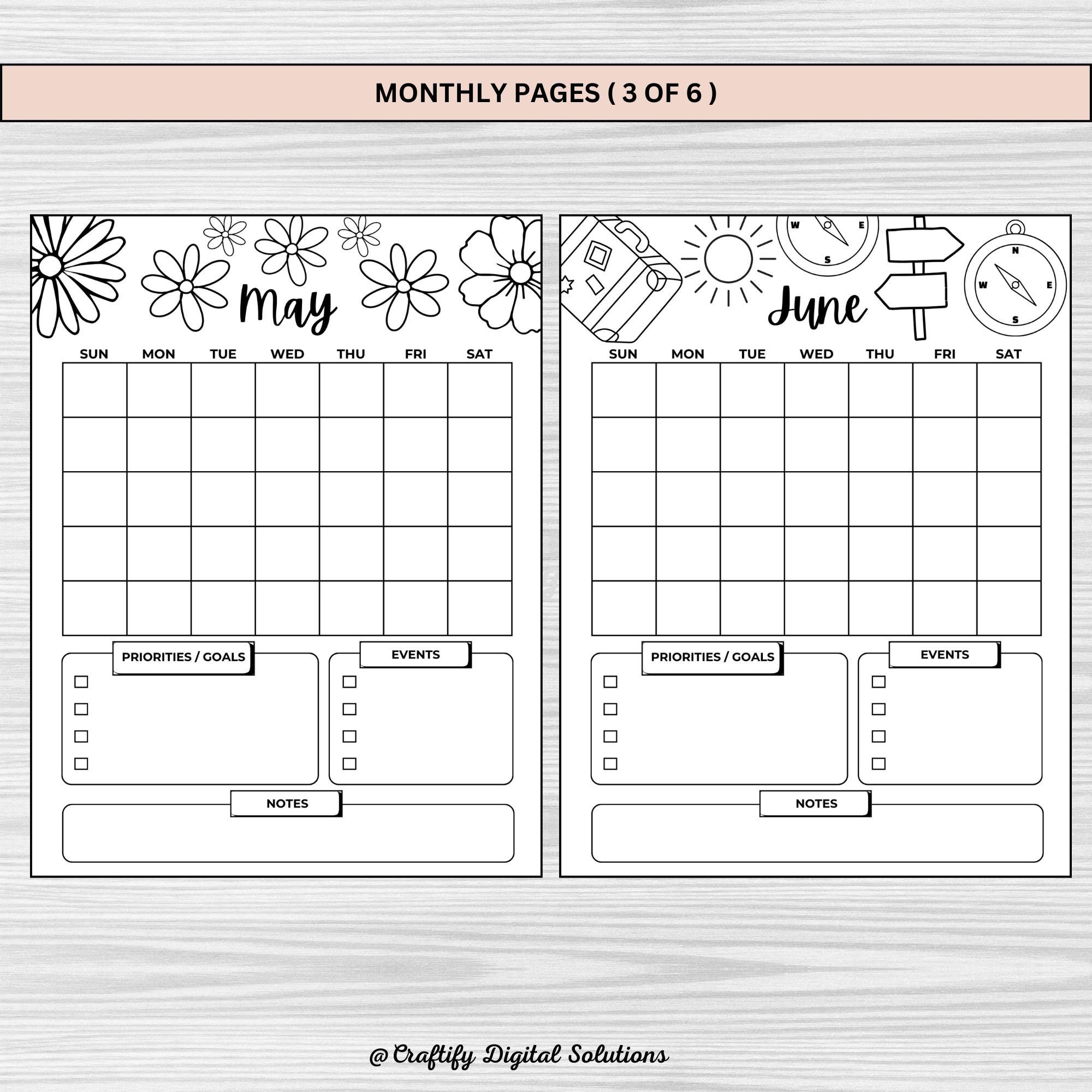 Doodle Monthly Calendar Printable: Undated Planner Pages (US Letter, A4 ...
