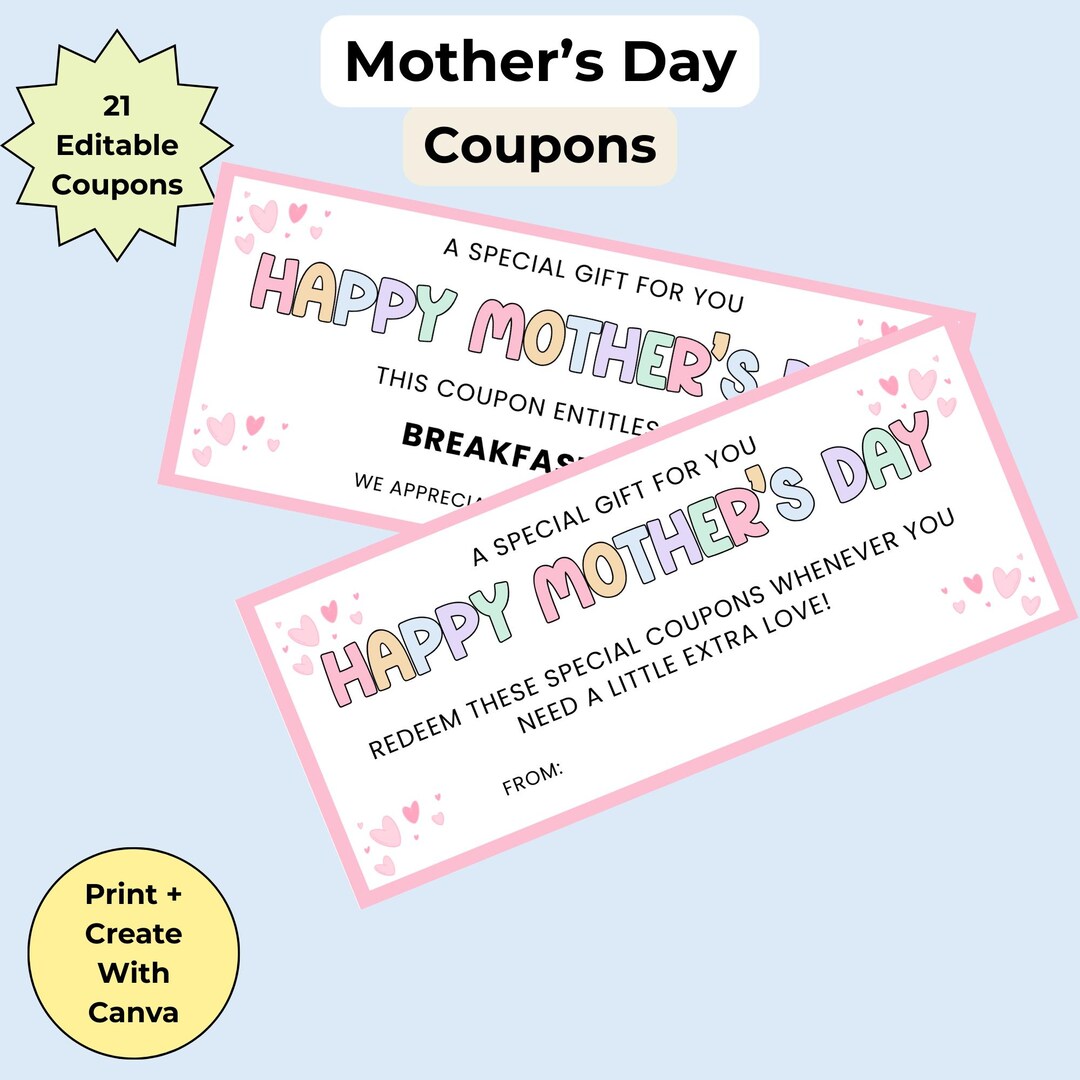 Mother's Day Coupon Book: 21 Editable Vouchers (canva Template) - Etsy
