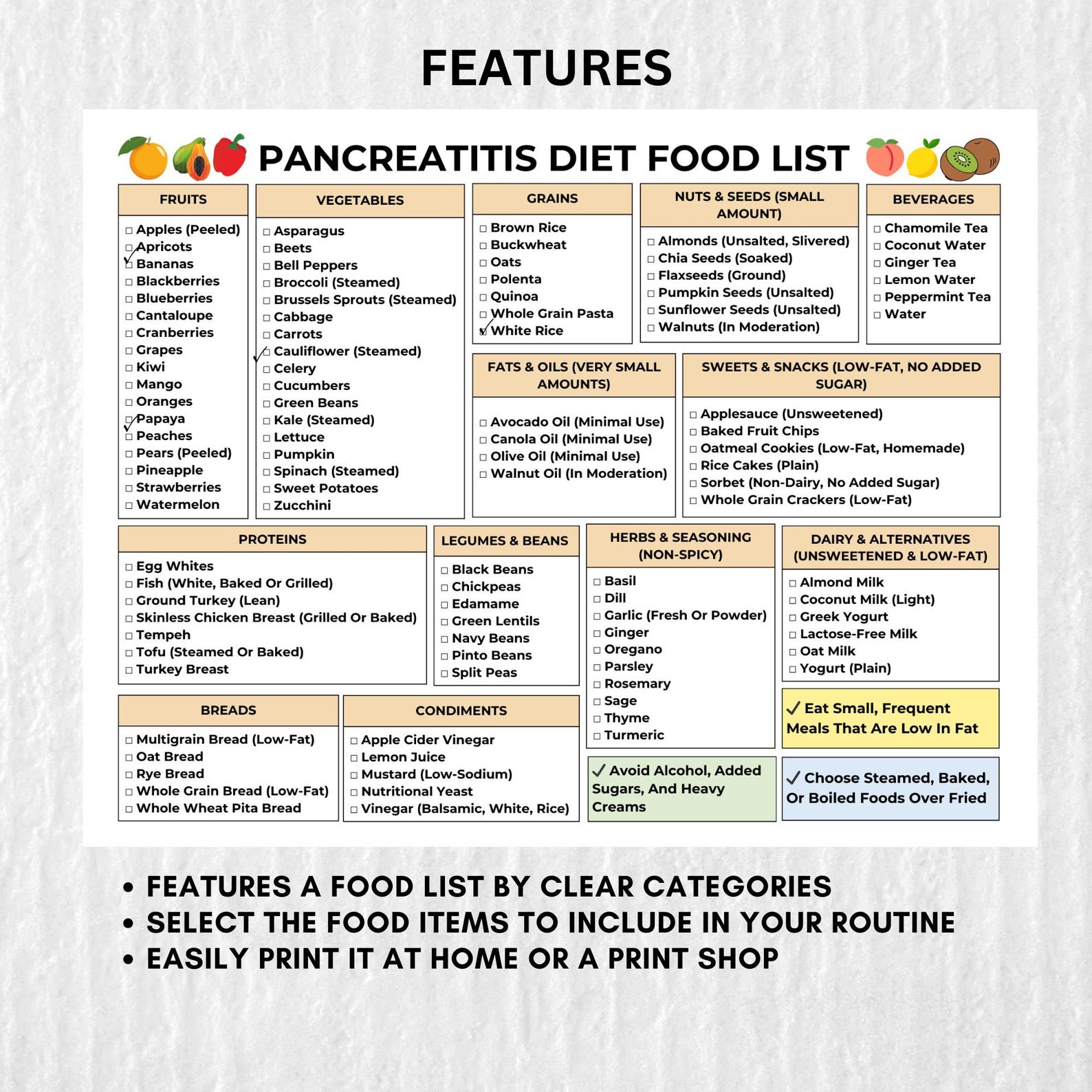 Pancreatitis Diet Food List Printable: Low-fat Grocery Guide (A4, A3 ...