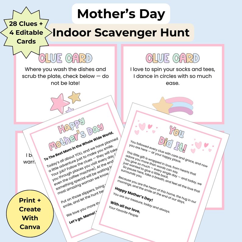 Mother's Day Indoor Scavenger Hunt | Printable Clue Cards | Editable ...