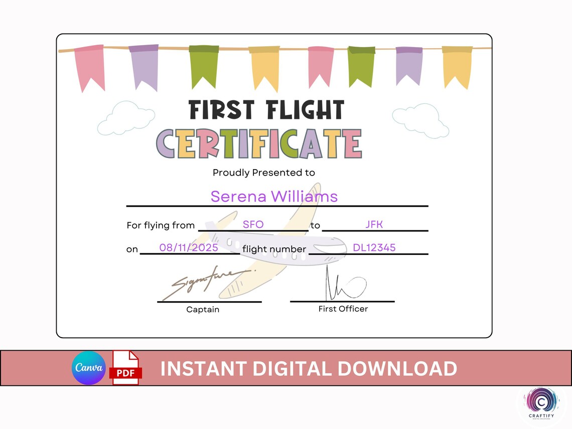 First Flight Certificate Keepsake: Editable Airplane Theme (PDF & Canva ...