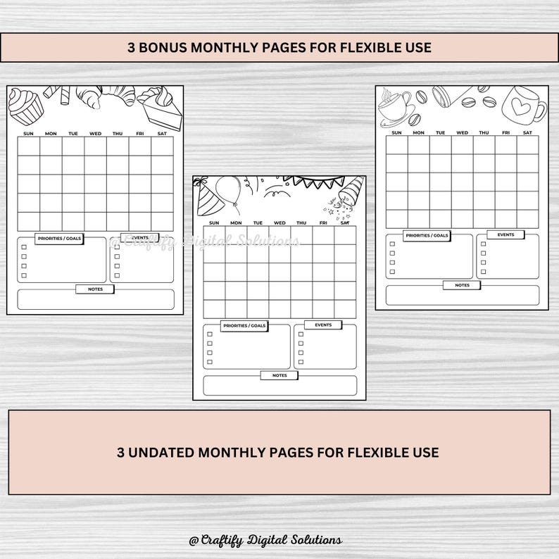 Doodle Monthly Calendar Printable: Undated Planner Pages (US Letter, A4 ...