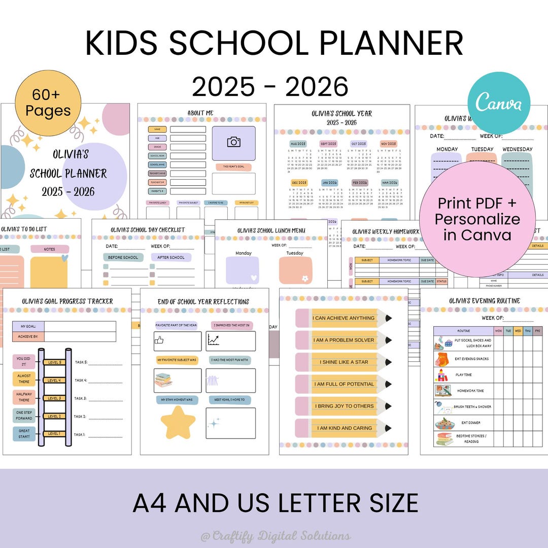 Kids School Planner 2025-2026: Canva Editable (digital Download) - Etsy