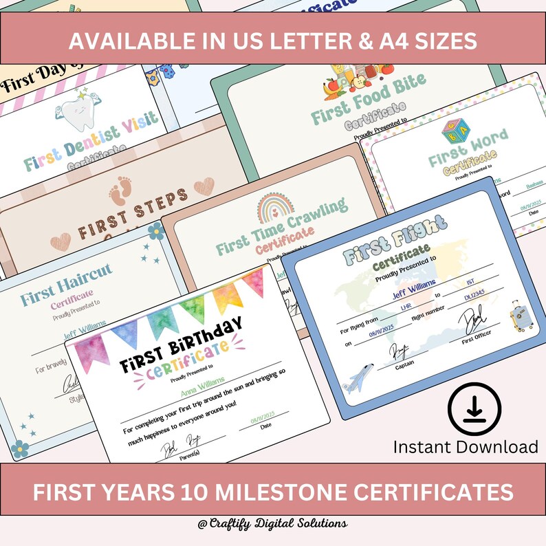 First Year Milestone Memory Certificates for Baby, Infants and Kids A4 ...