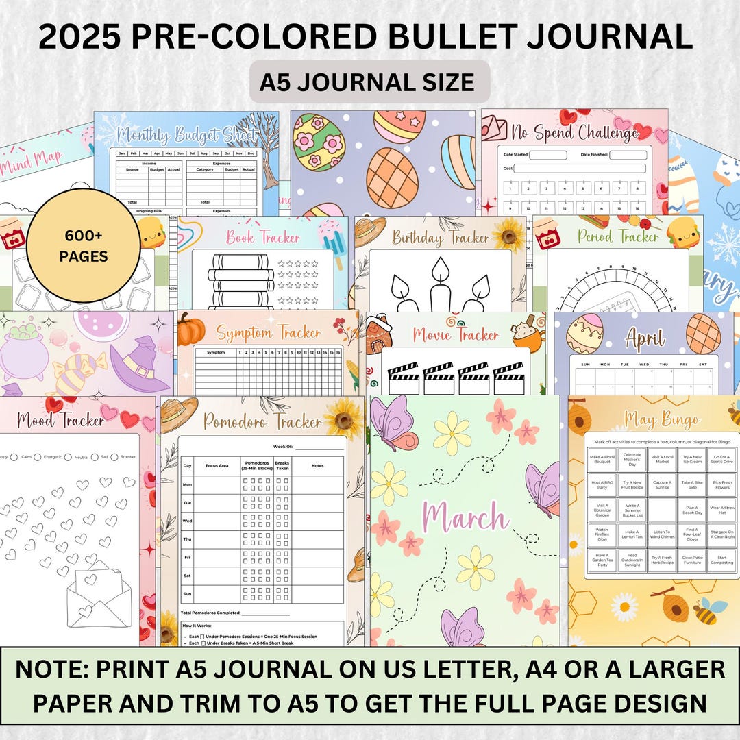 2025 Pre-colored Bullet Journal Bundle: 600+ Printable Pages With Habit ...