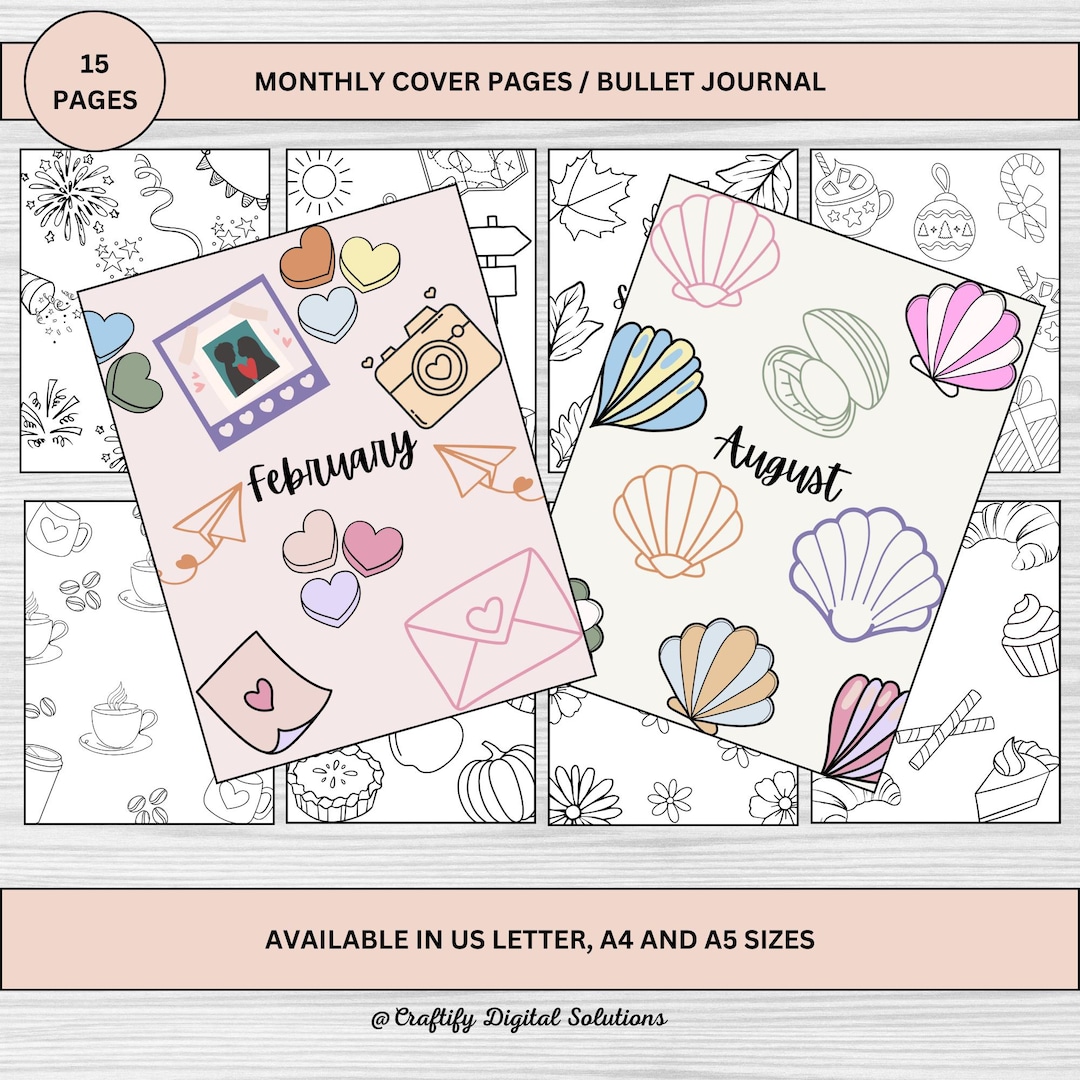 2025-2026 Bullet Journal Cover Pages | 12 Monthly Covers + 3 Bonus ...