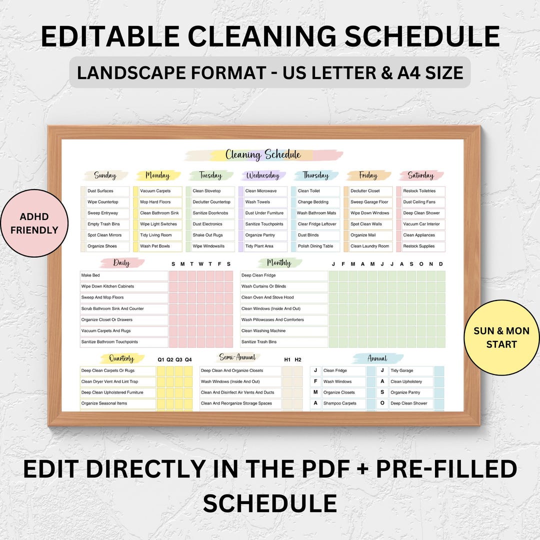 Editable Cleaning Schedule: Blank & Pre-filled, Monday/sunday Start ...