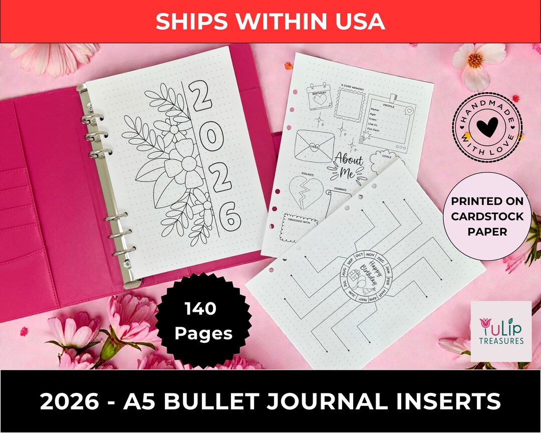 2026 A5 Full Year Bullet Journal Inserts | 140 Pre-punched Pages ...