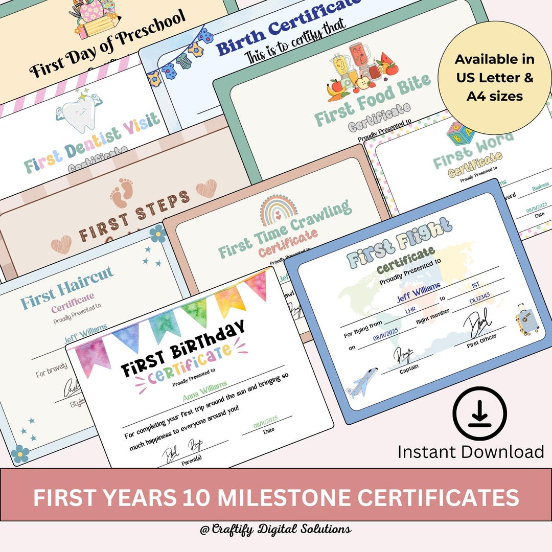 First Year Milestone Memory Certificates for Baby, Infants and Kids ...