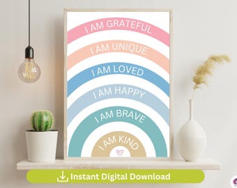 Rainbow Affirmations Poster, Kids Rainbow Print, I Am Brave Smart Kind ...
