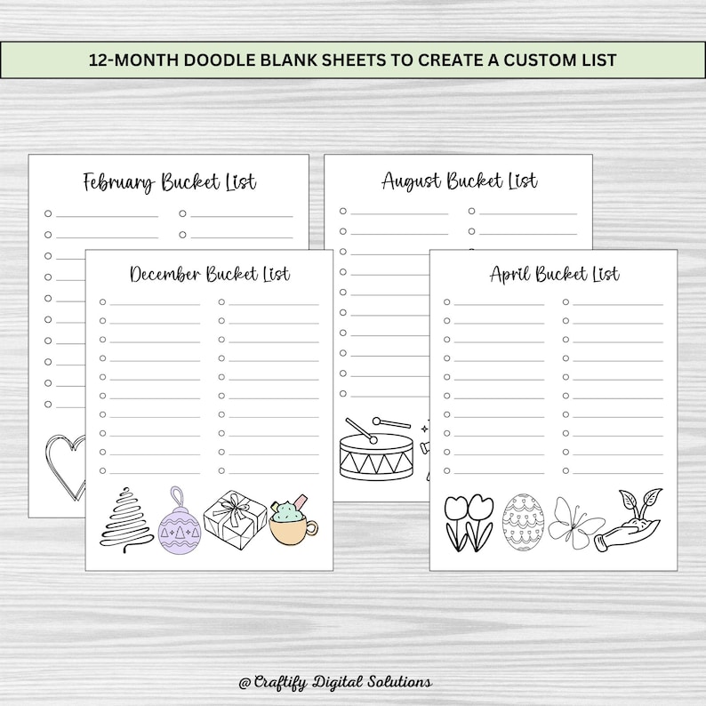 12-month Bucket List Doodles: Coloring Journal Pages (digital Download ...