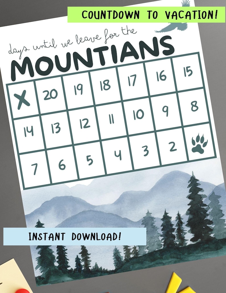Mountain Vacation Countdown Printable: Kids' Holiday Activity (PDF Download - Etsy