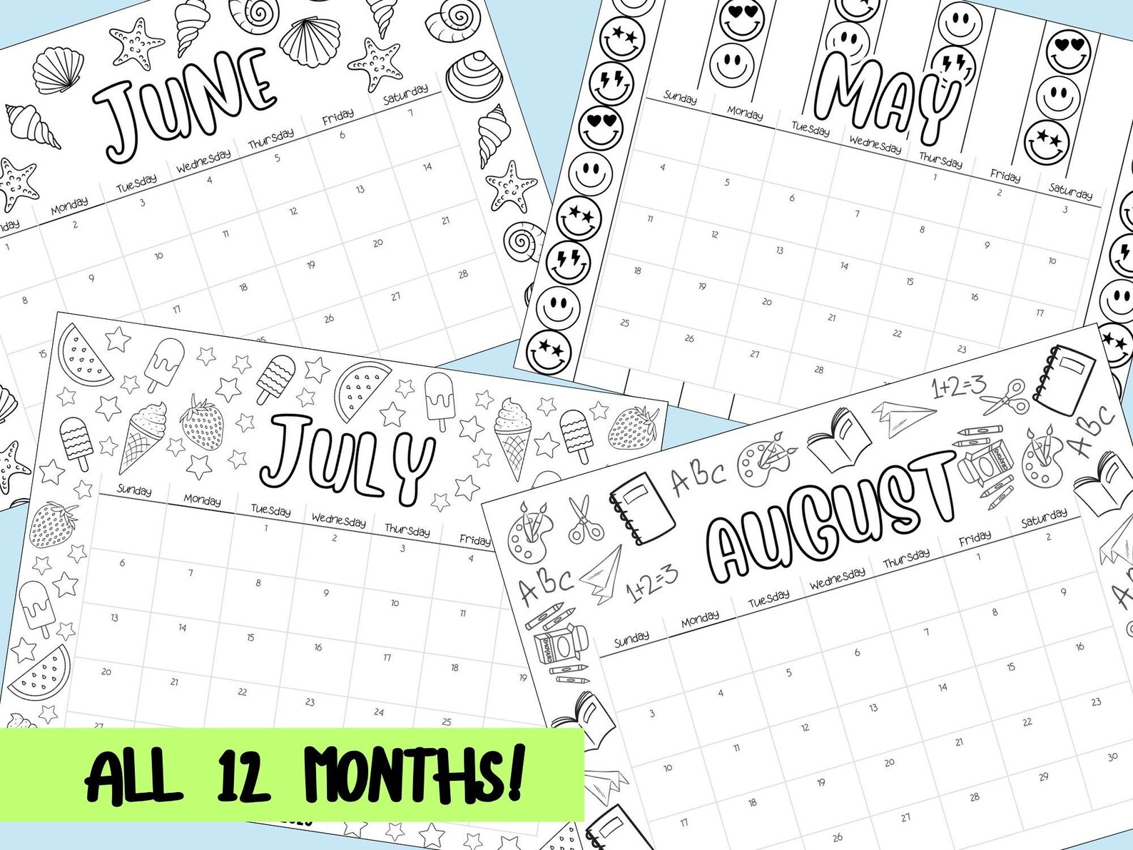 Kids Calendar Coloring Pages: Printable Activity (digital Download) - Etsy