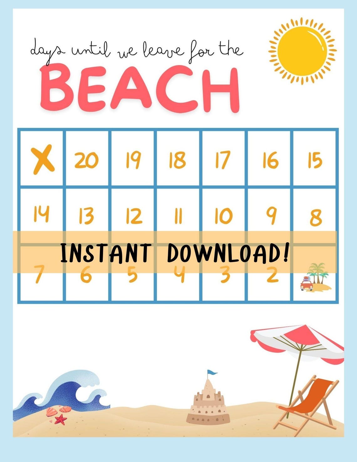 Beach Vacation Count Down Printable, Trip Count Down Printable, Days ...