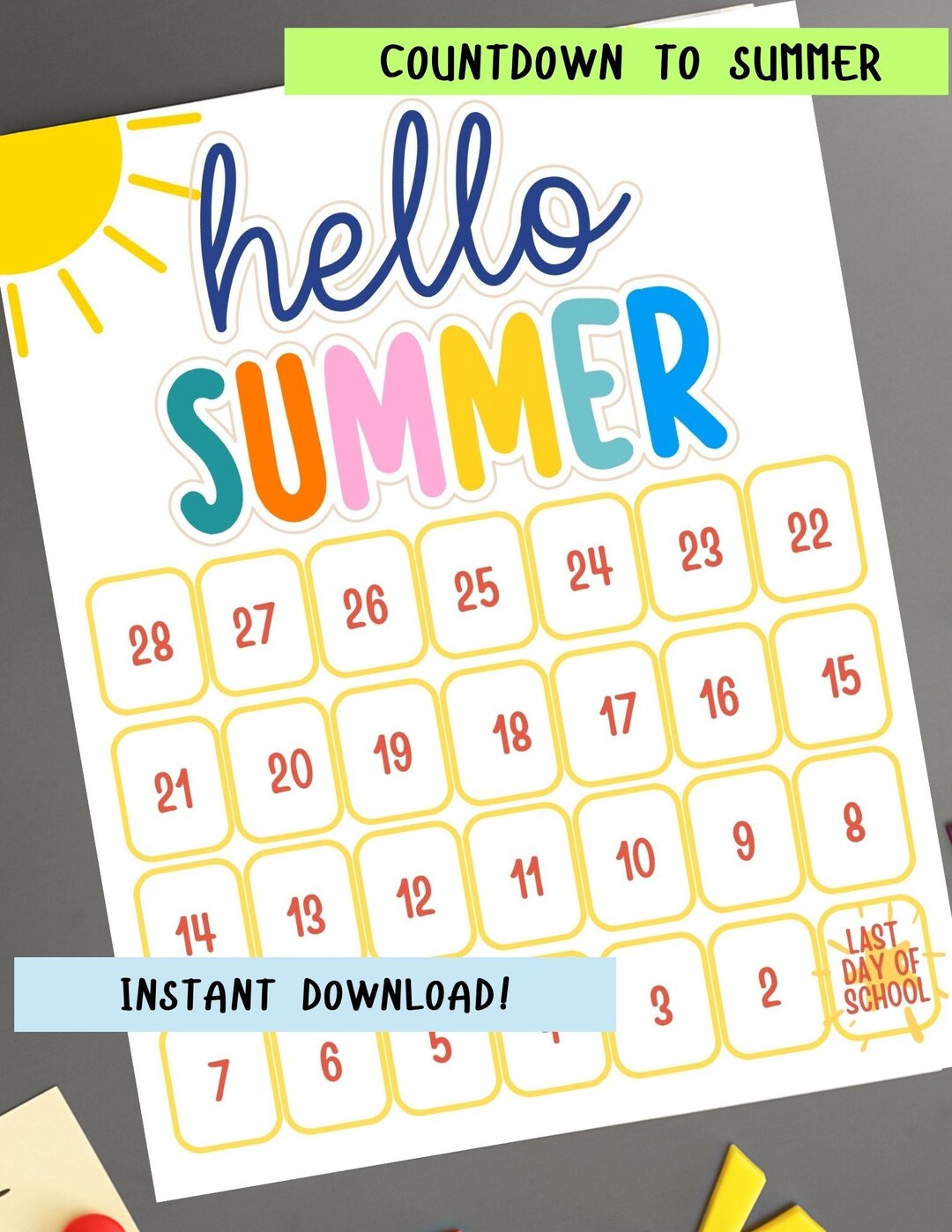 Last Day of School Countdown Printable, Count Down to Summer, Summer ...