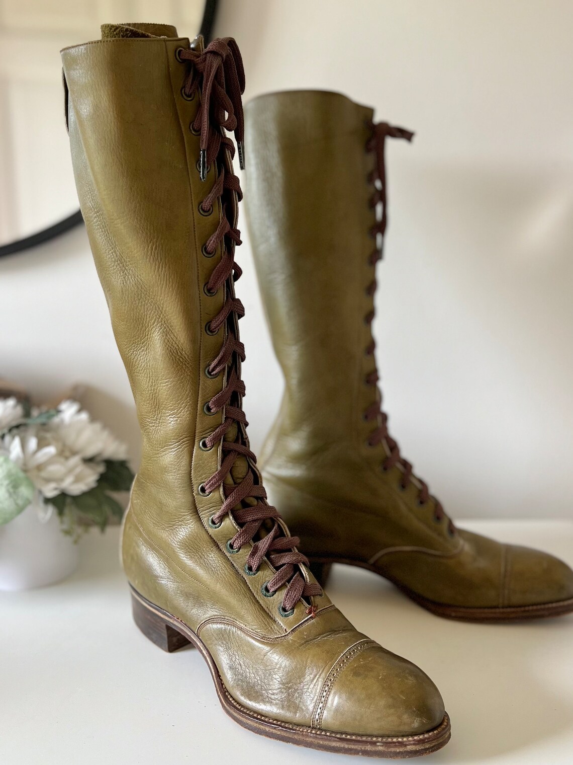 Antique Womens Olive Green Leather Field Boots Hiking Boots 1910s WWI ...