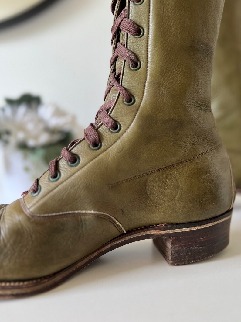 Antique Womens Olive Green Leather Field Boots Hiking Boots 1910s WWI ...