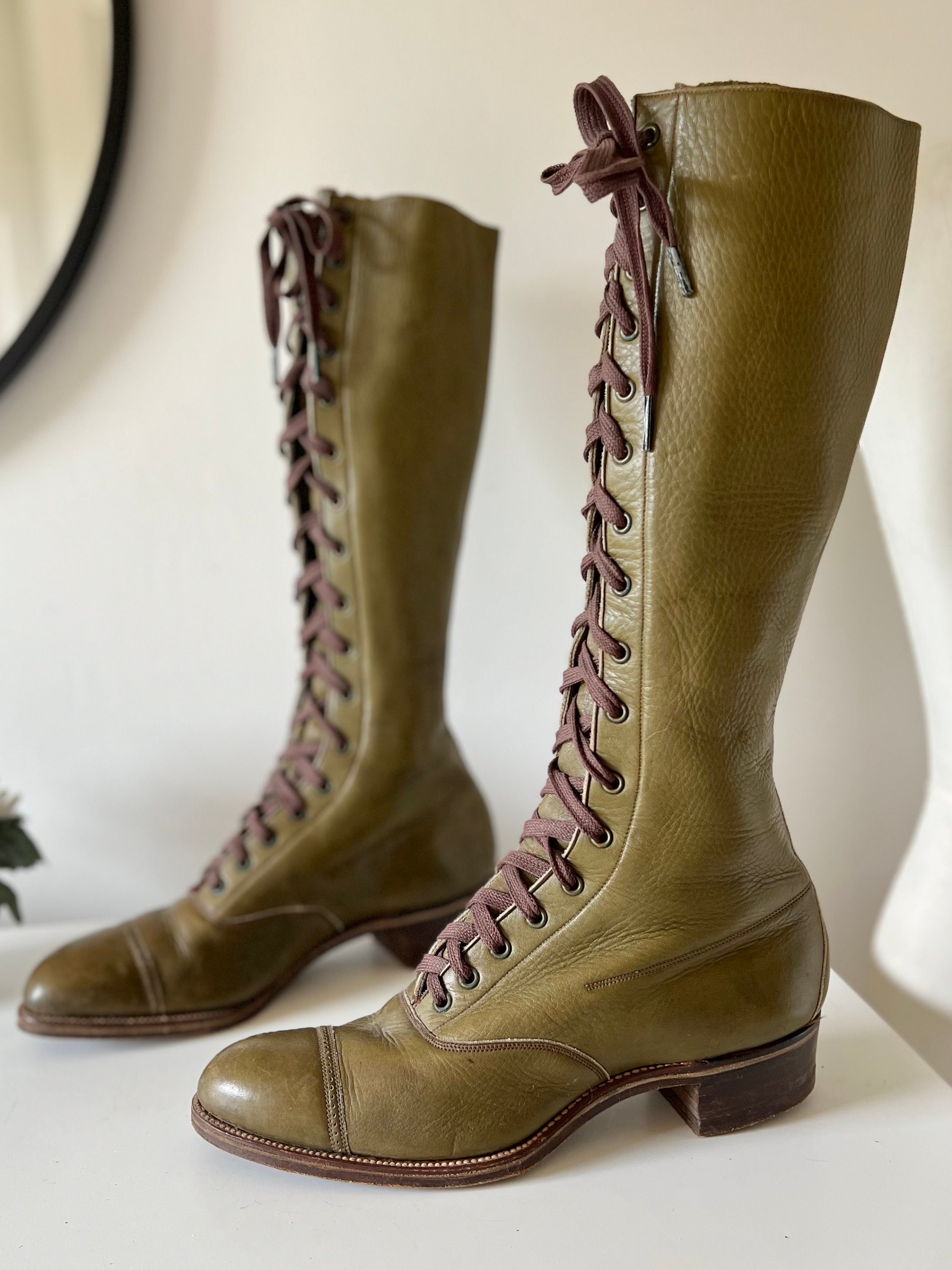 Antique Womens Olive Green Leather Field Boots Hiking Boots 1910s WWI ...
