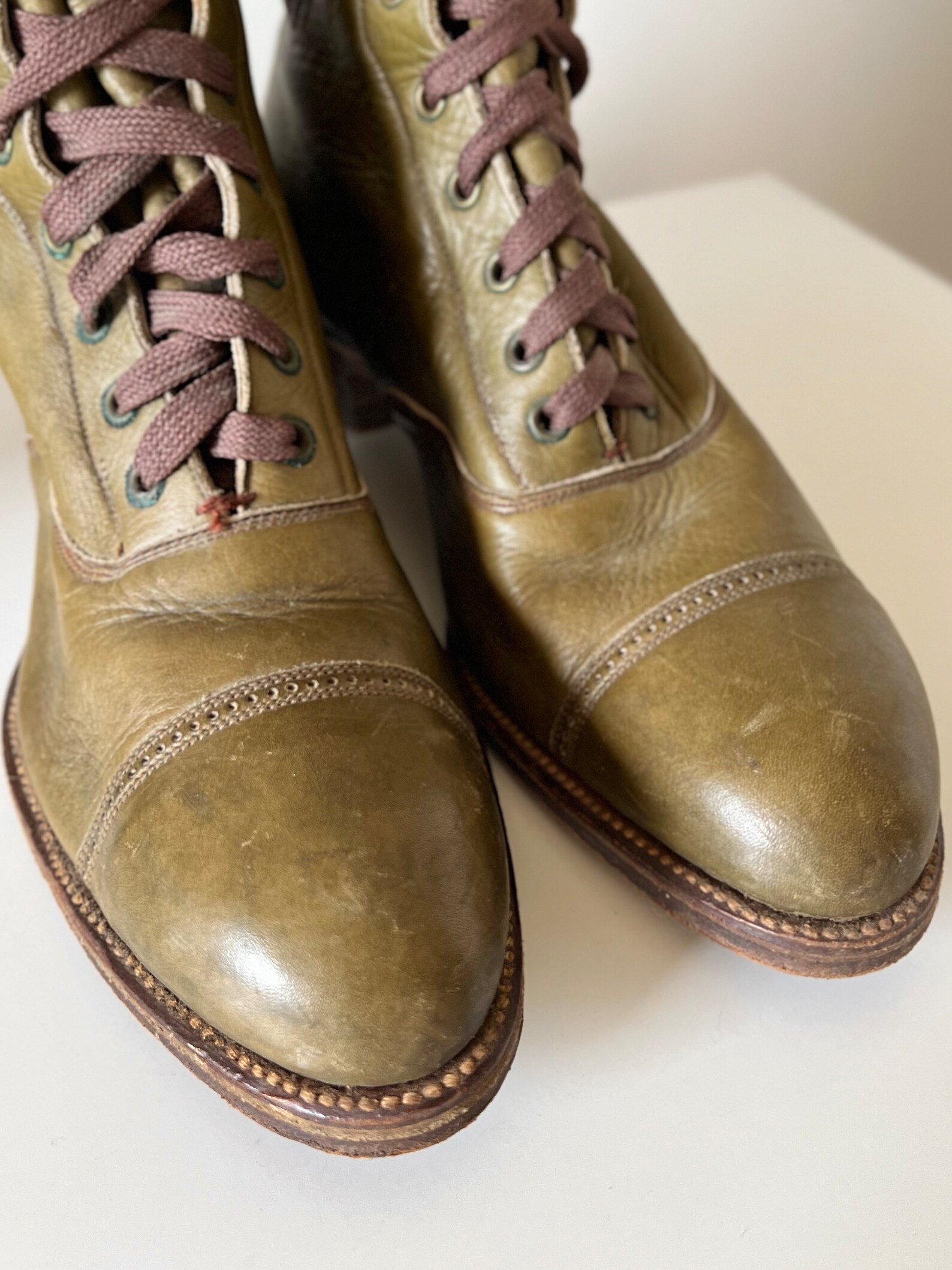 Antique Womens Olive Green Leather Field Boots Hiking Boots 1910s WWI ...