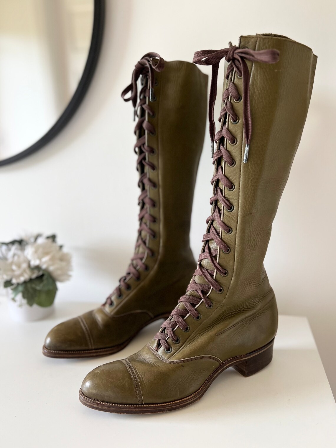 Antique Womens Olive Green Leather Field Boots Hiking Boots 1910s WWI ...