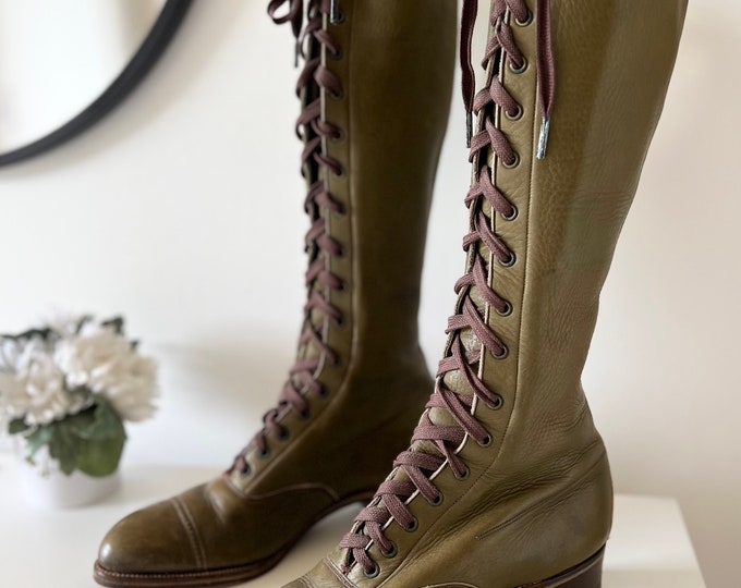 Antique Women’s Olive Green Leather Field Boots Hiking Boots 1910s WWI ...