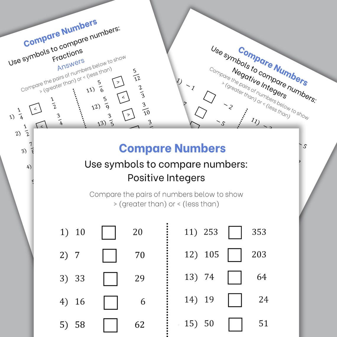 Compare Numbers Worksheets, Set of Six, 20 Questions With Answers ...