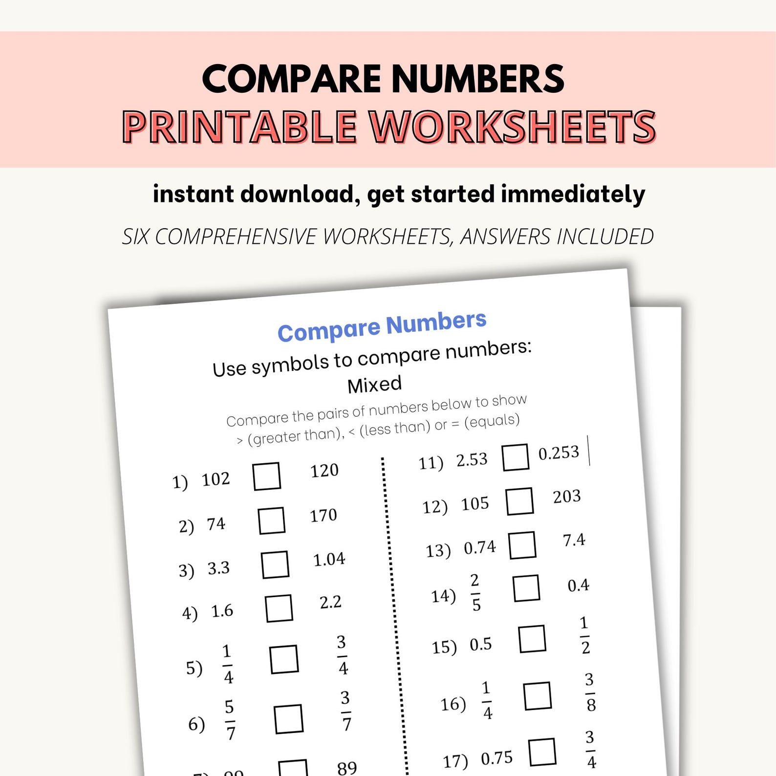 Compare Numbers Worksheets, Set of Six, 20 Questions With Answers ...