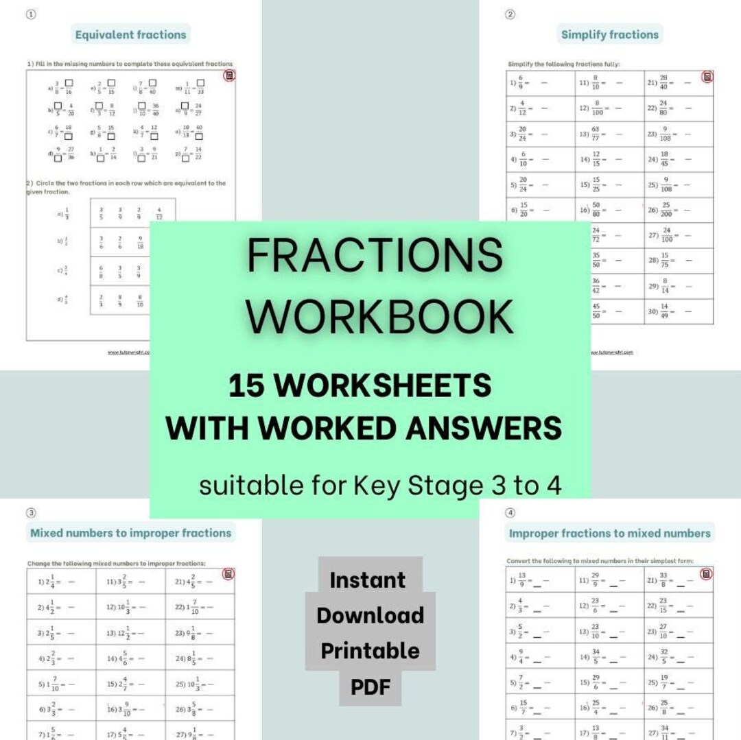 Fractions Workbook, 15 Worksheets, Over 300 Questions, 15 Answer Pages ...