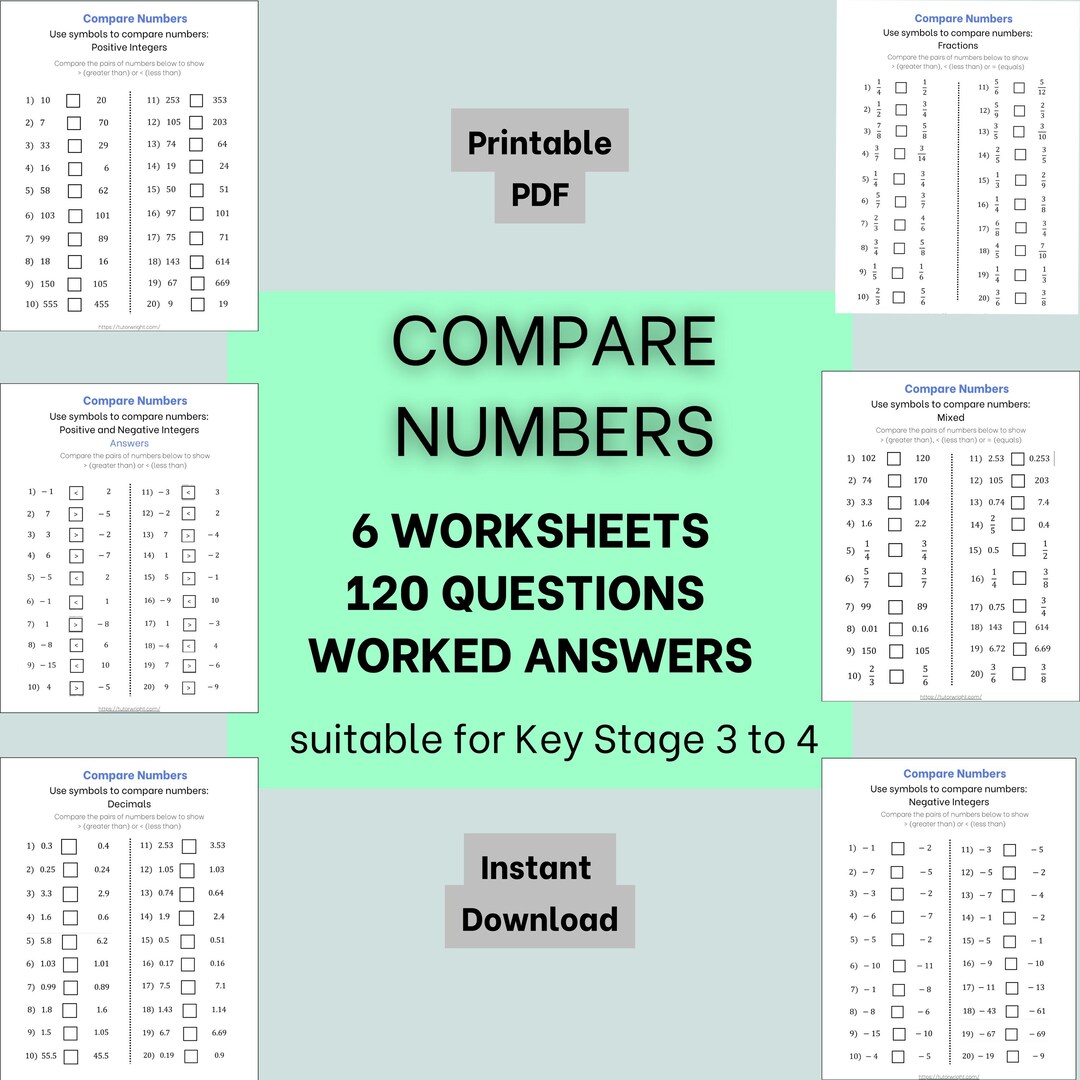 Compare Numbers Worksheets, Set of Six, 20 Questions With Answers ...