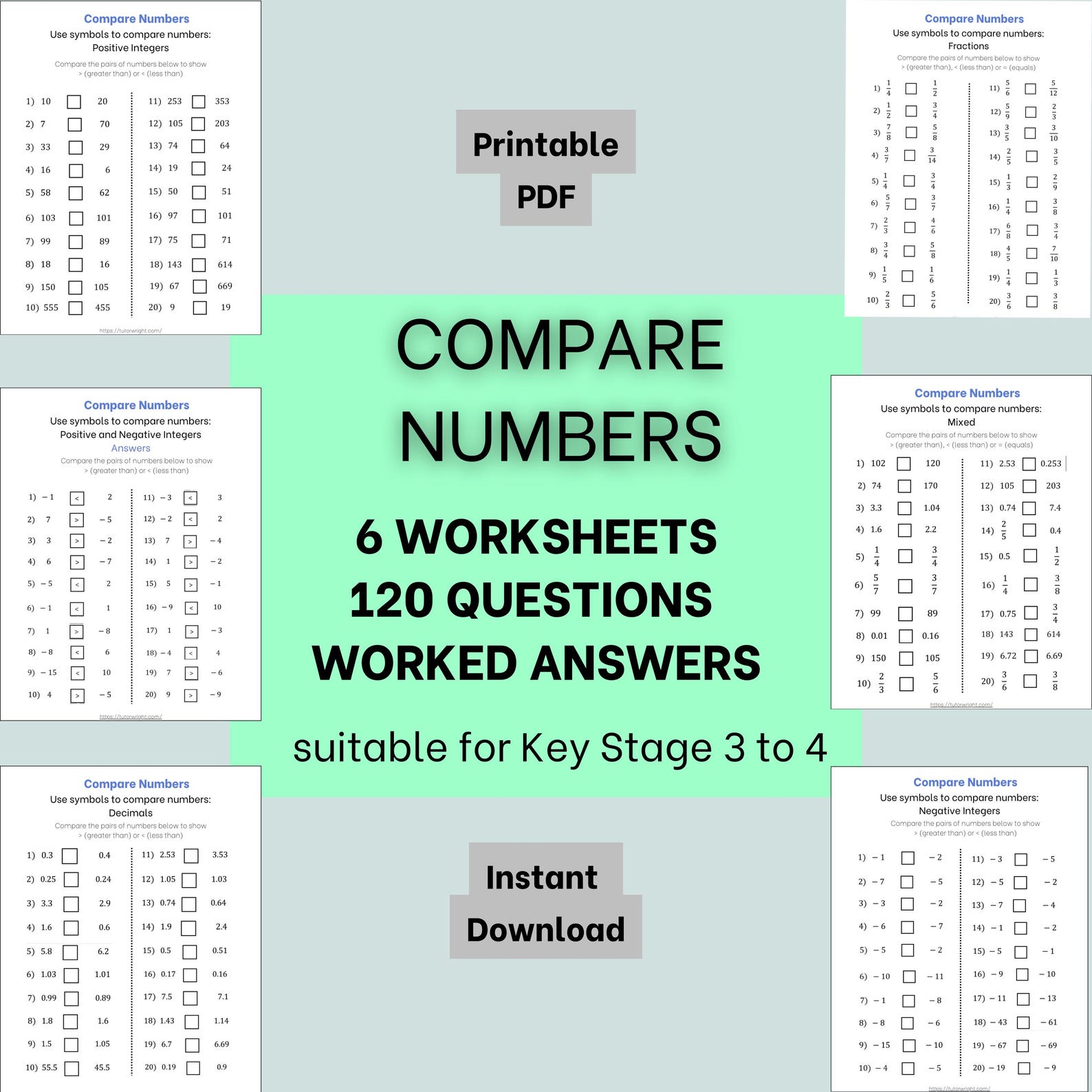 Compare Numbers Worksheets, Set of Six, 20 Questions With Answers ...