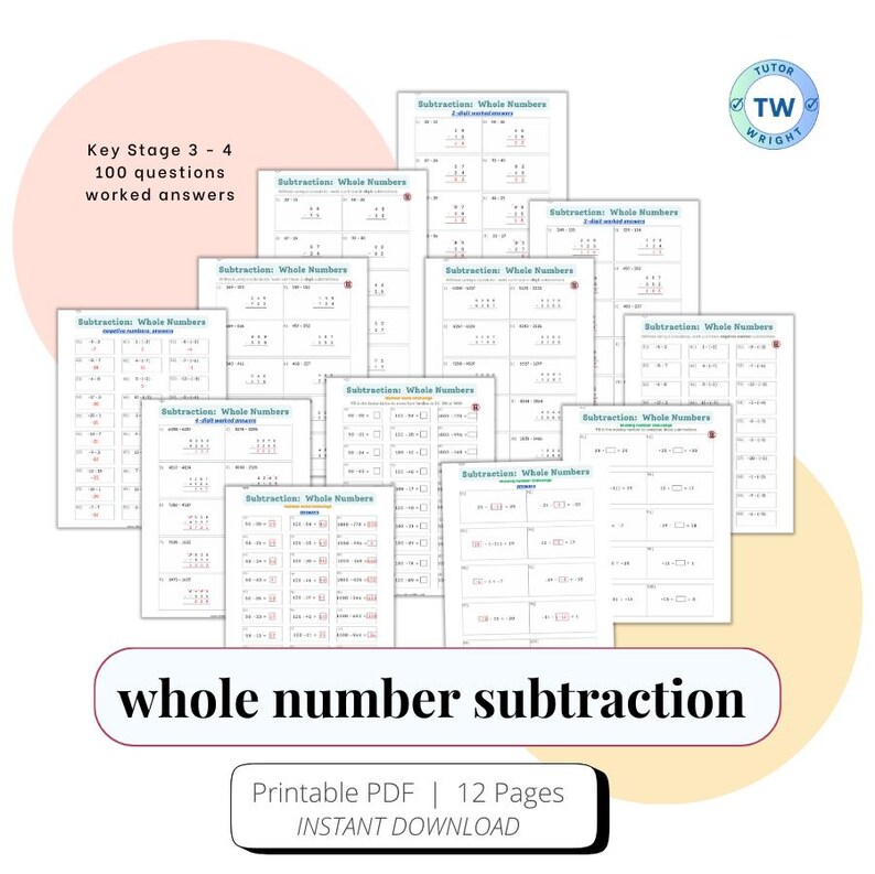 Subtraction - Whole Numbers. Printable Maths Worksheets for Key Stage 3 ...