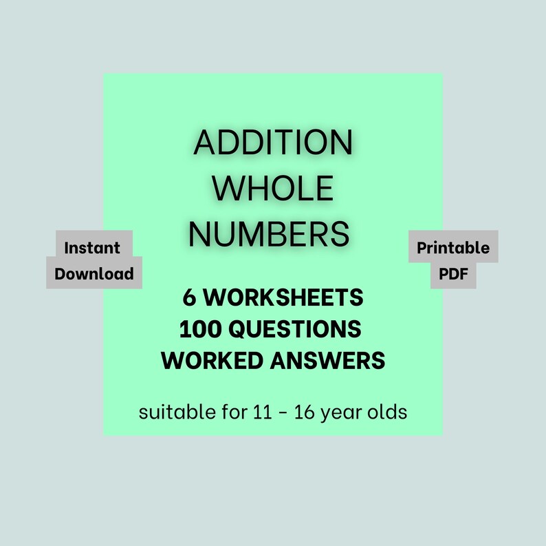 Addition Whole Numbers, Printable Maths Worksheets, 100 Questions ...
