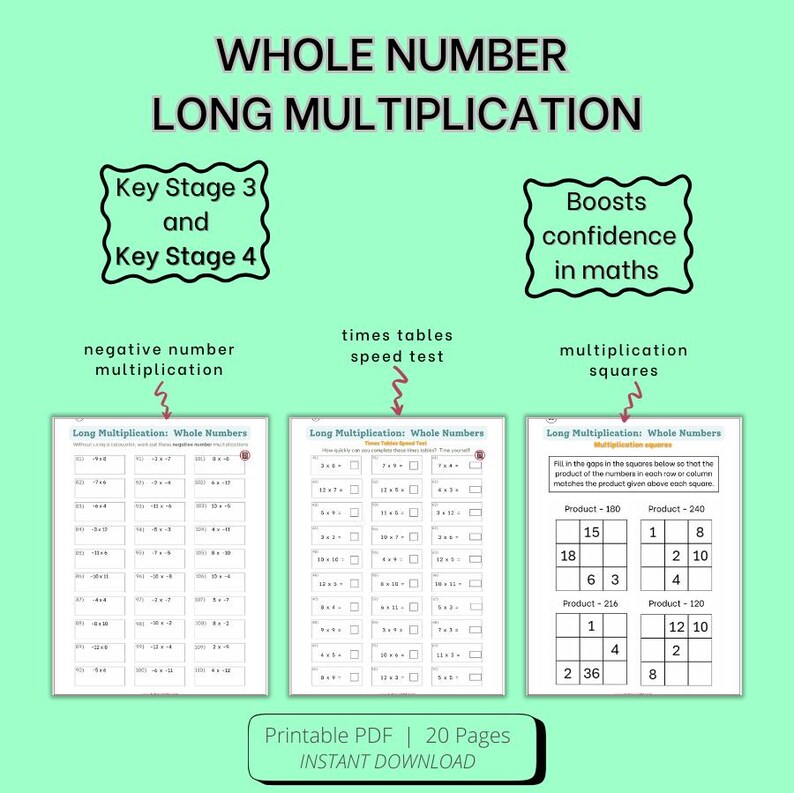 Multiplication Whole Numbers, Maths Worksheets, Key Stage 3 to 4 ...
